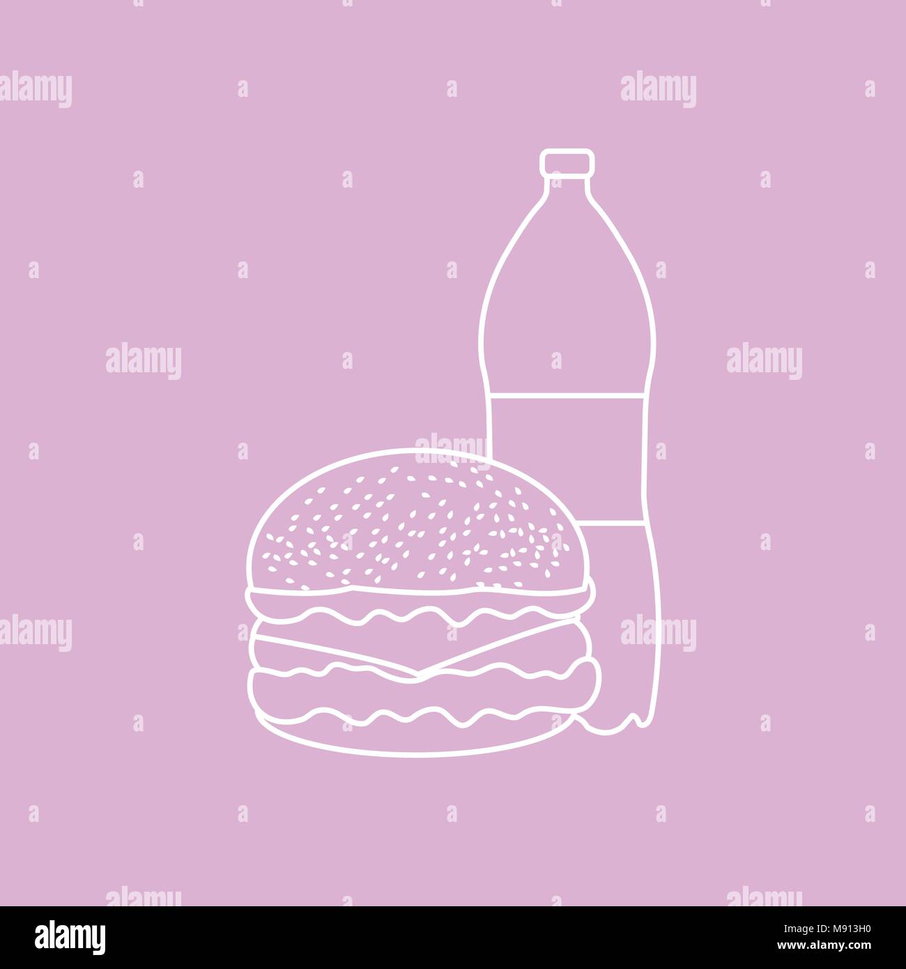 Burger and bottle of soda water. Harmful eating habits. Design for ...