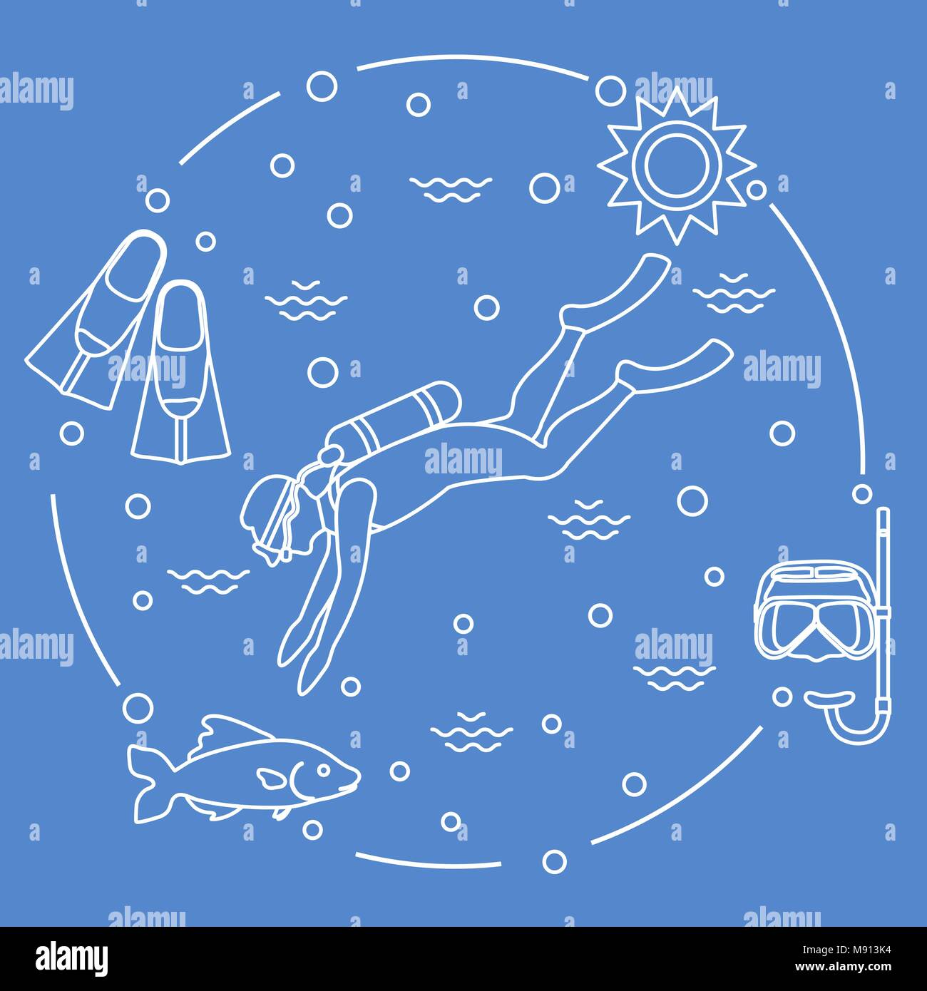 Mask, snorkel, flippers, sun, fish, scuba diver. Sports and recreation ...