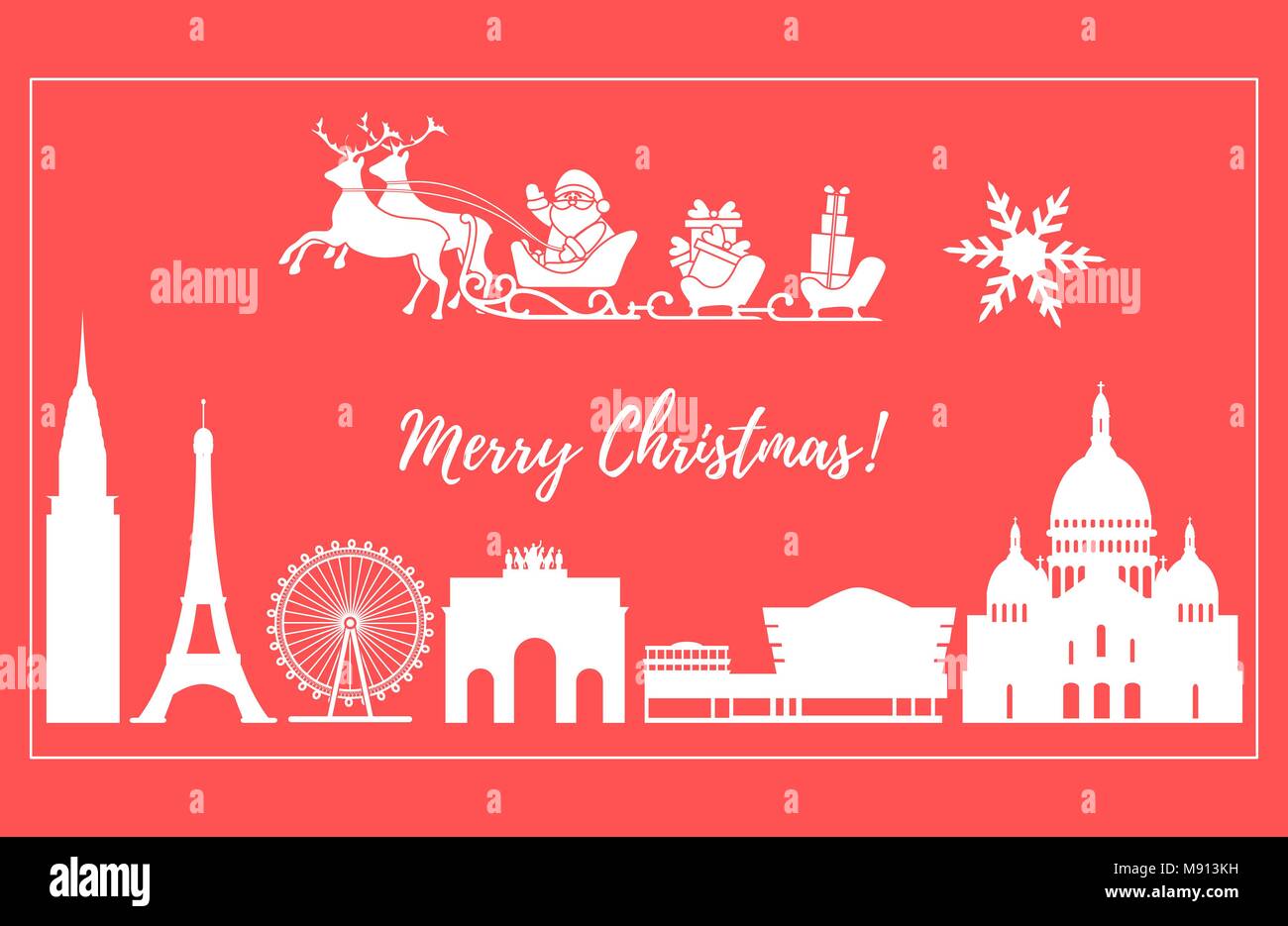 Santa Claus with Christmas presents in sleigh with reindeers over ...