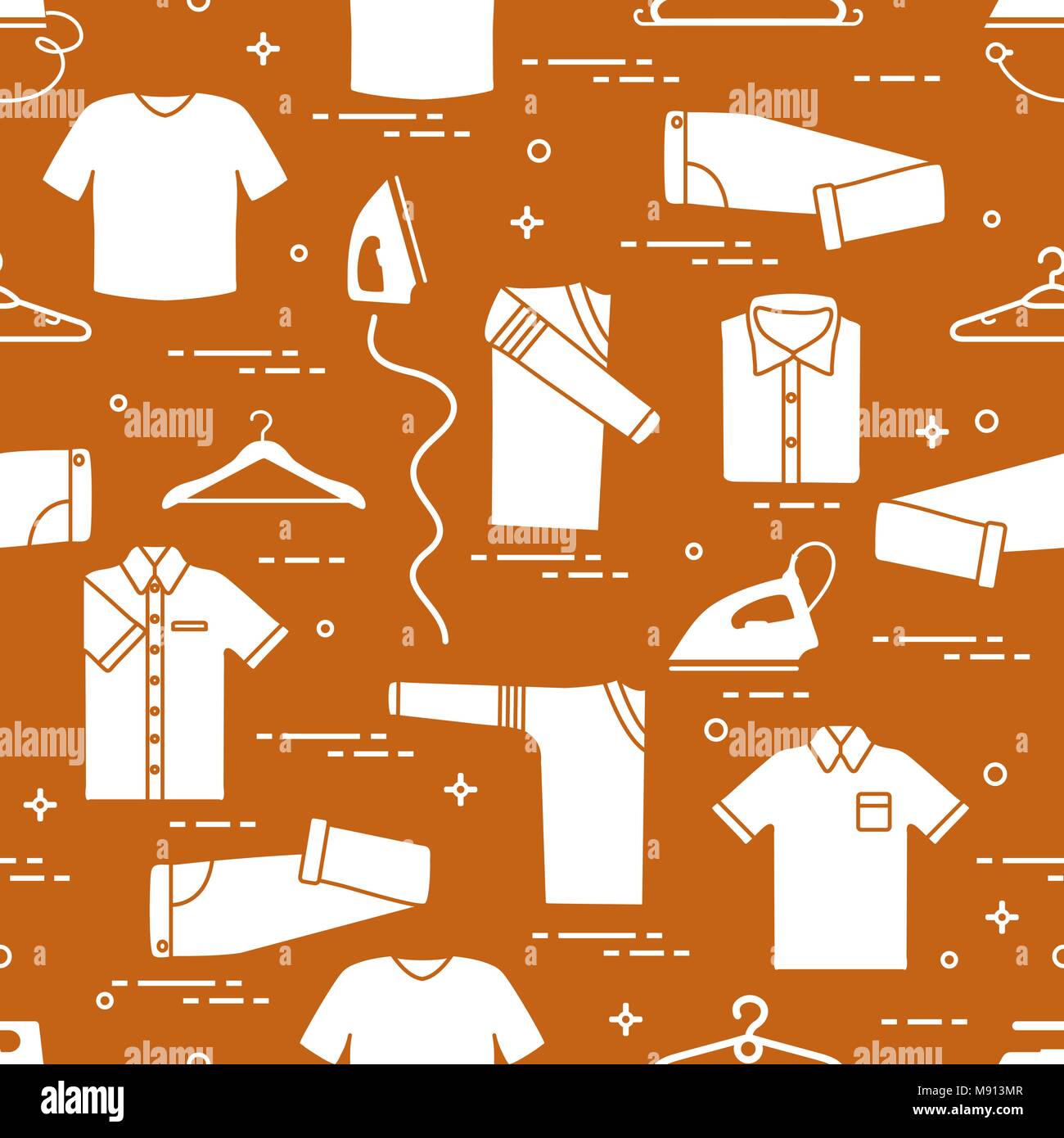 Seamless pattern with irons, clothes hangers and different clothes ...