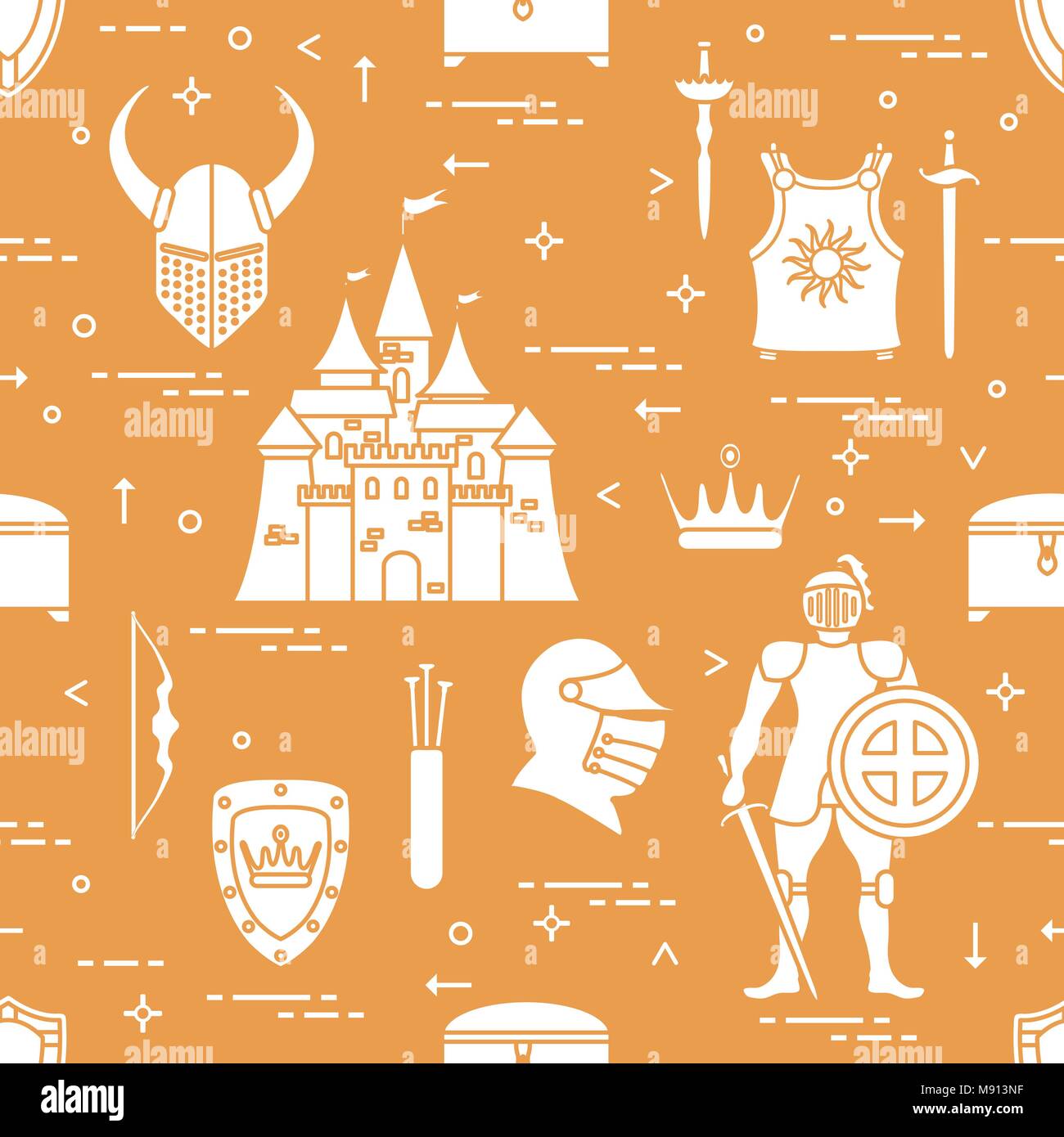 Seamless pattern with knight, castle, shields, swords, cuirass, helmet ...