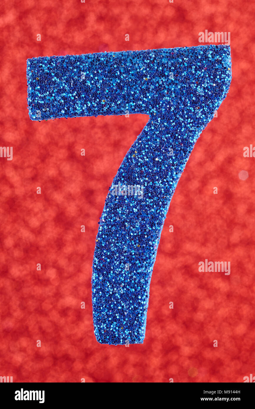 Number seven blue color over a red background. Anniversary. Vertical ...