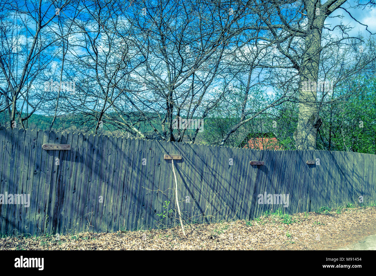 Rural road and wooden fence, spring landscape with countryside scene ...