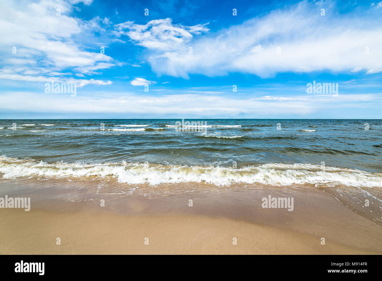 Beautiful sea beach landscape, coast with sea waves, tourist kurort - Leba, Baltic Sea, Poland ...