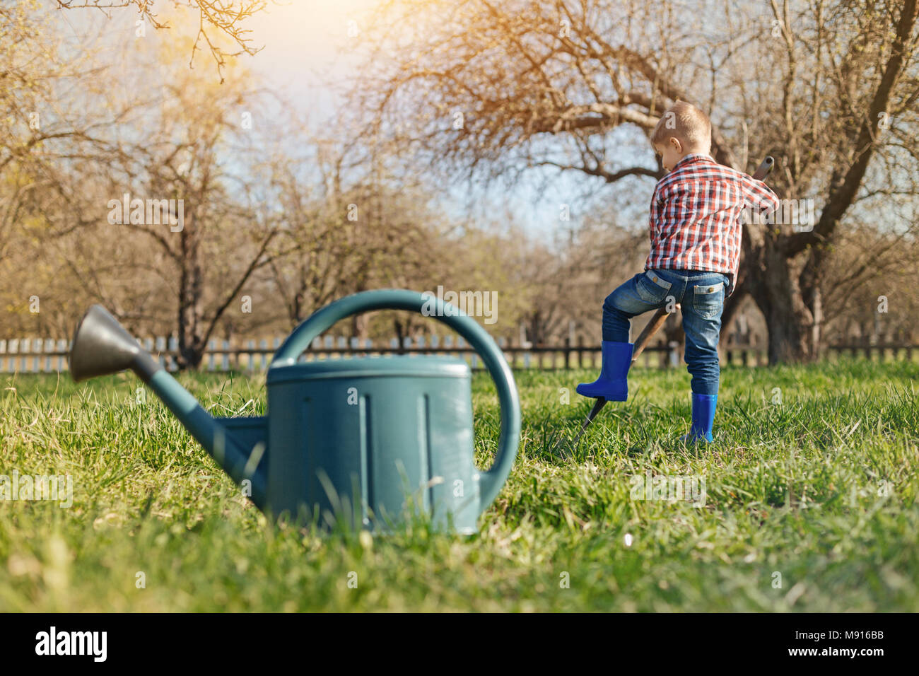 Full length of a little boy digging the ground Stock Photo - Alamy