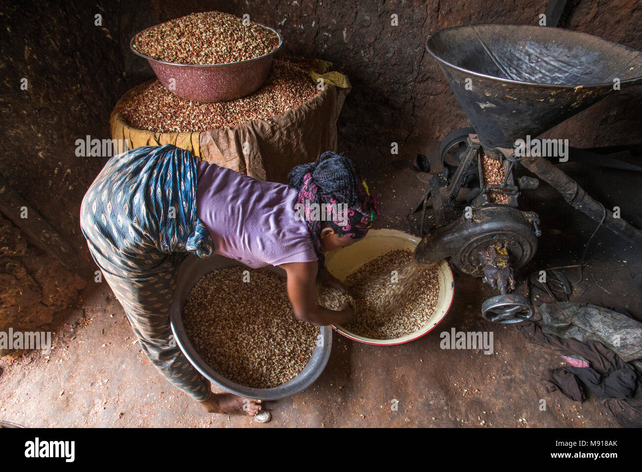 Groundnut paste making workshop in a Zou province village, Benin Stock ...