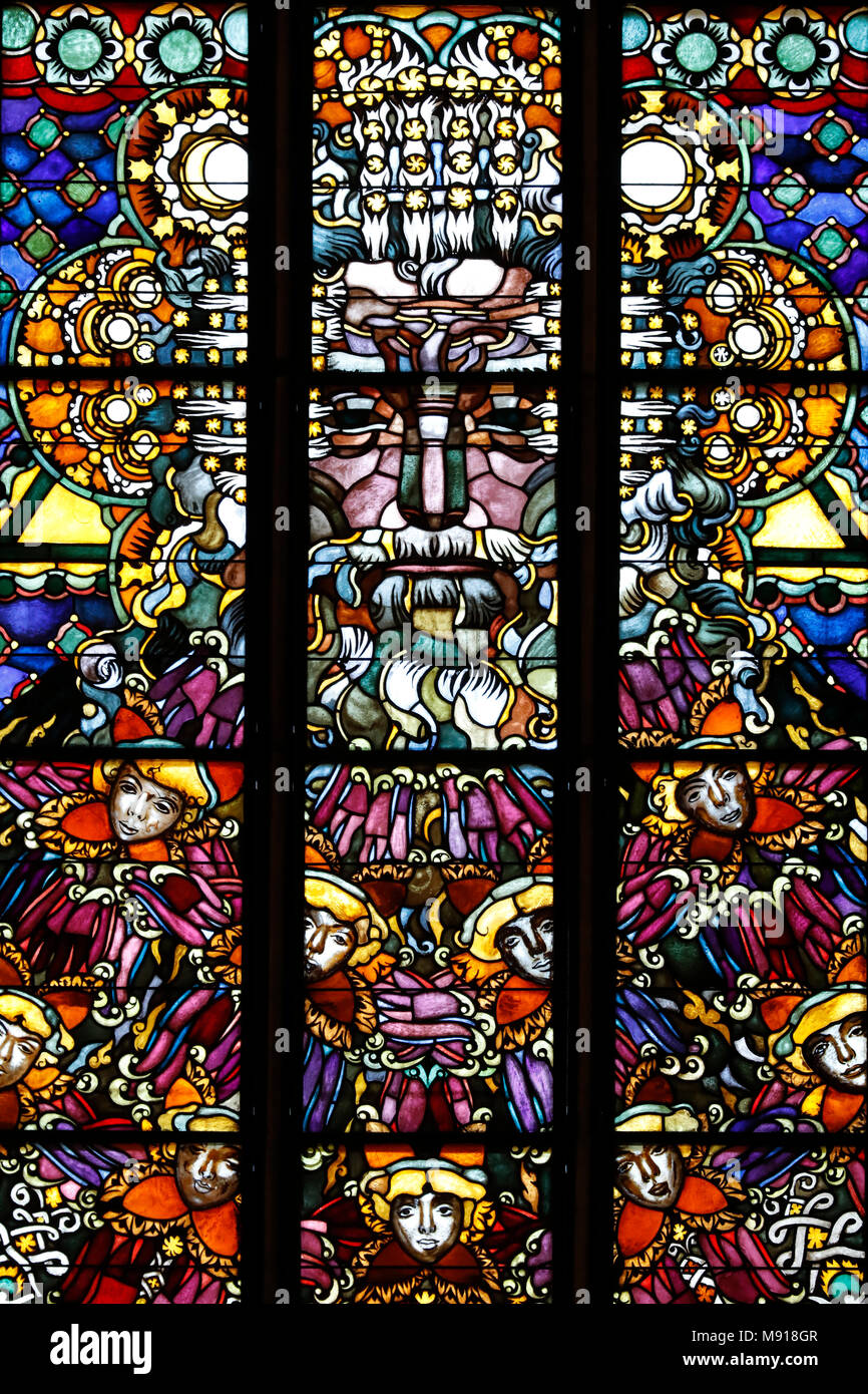 St Nicholas Cathedral. Stained glass window. Fribourg. Switzerland ...