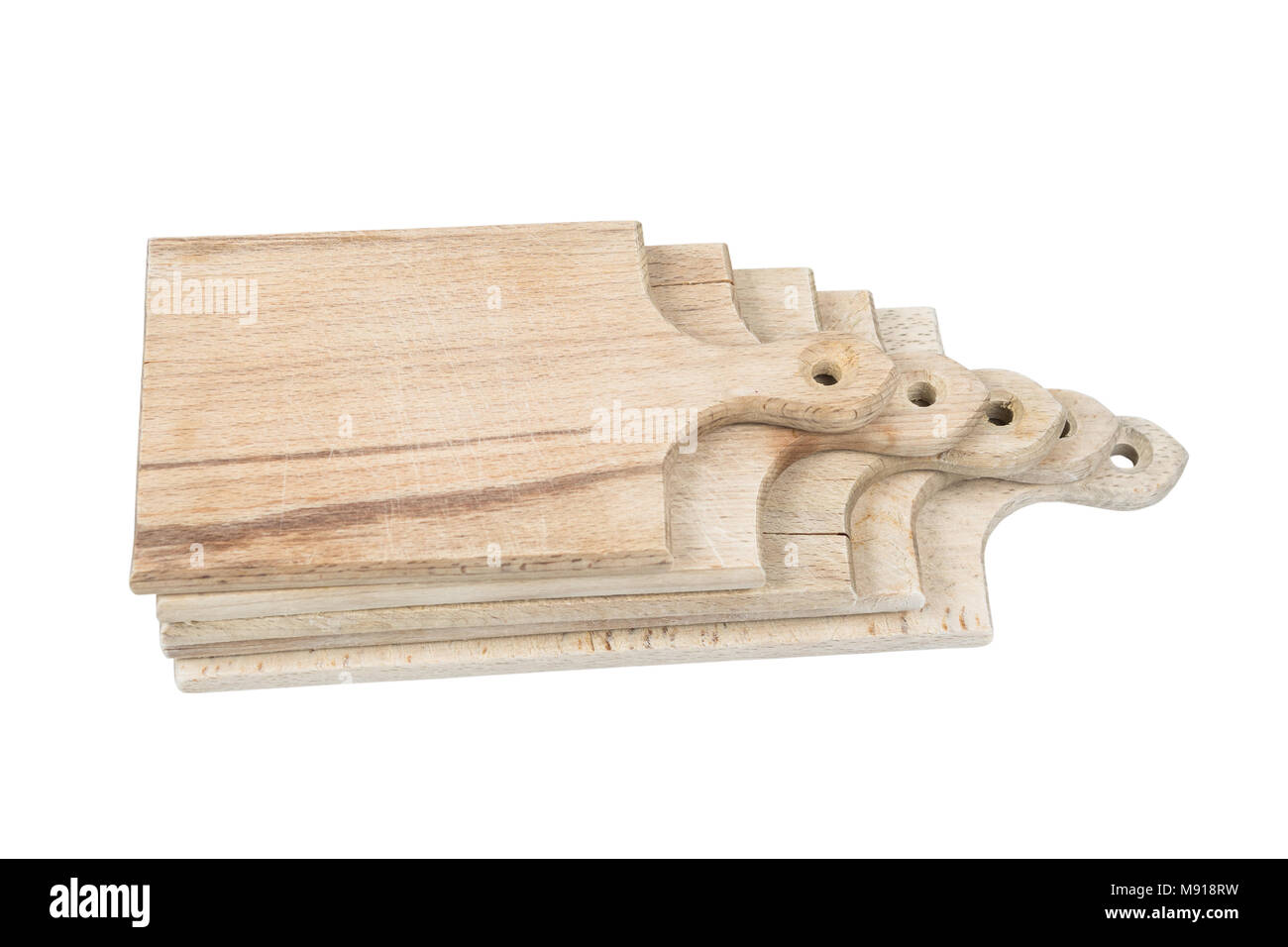 Set of used brown wooden cutting boards stack on each other isolated on ...