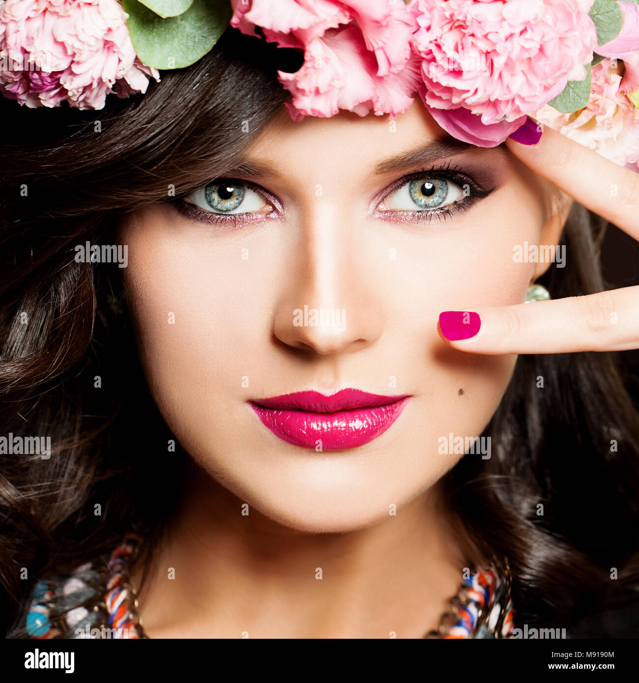 Cute Girl. Makeup and Curly Hair. Face closeup Stock Photo - Alamy