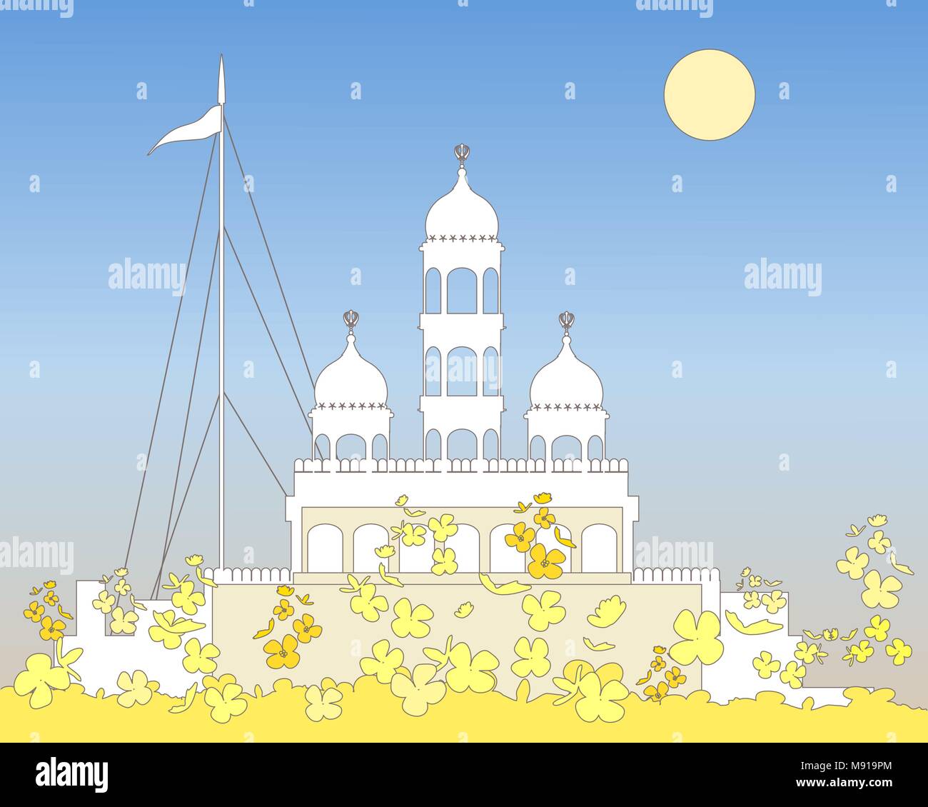 an illustration of a white gurdwara a temple of the sikh faith on a hot ...