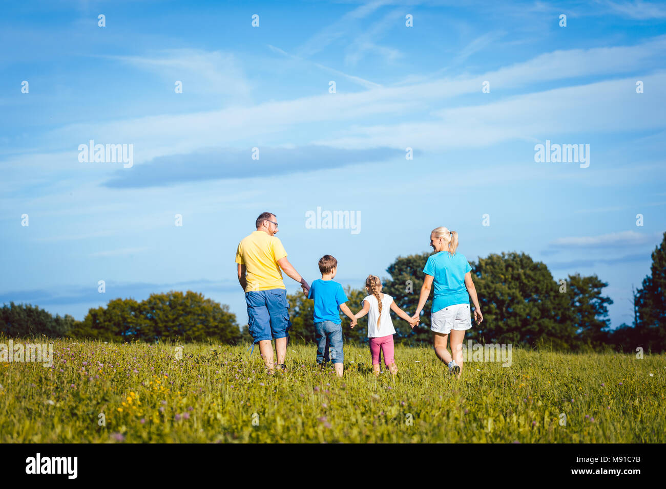 Family holding hands running over meadow Stock Photo - Alamy