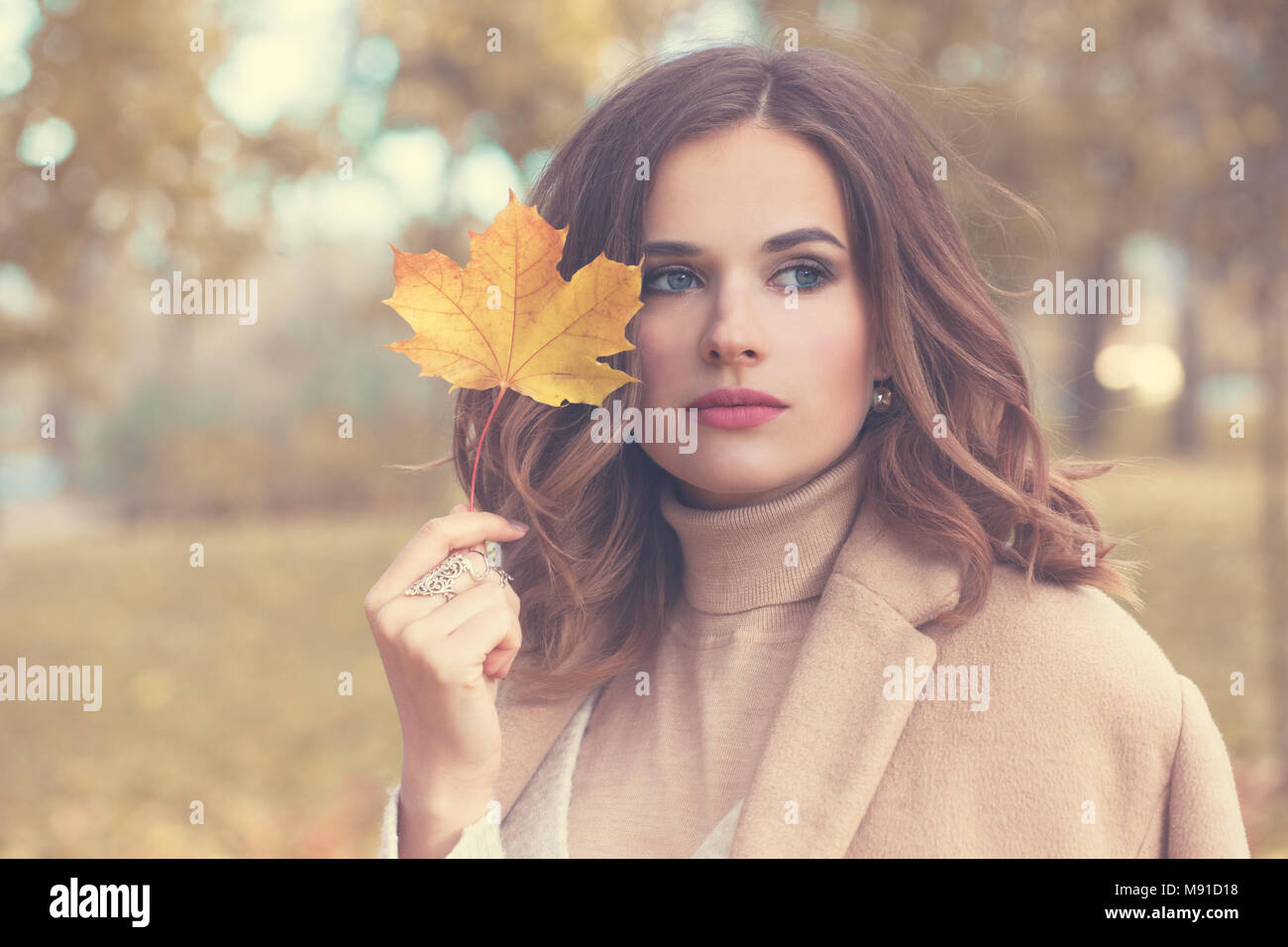 Romantic Portrait of Beautiful Autumn Woman Model with Brown Hair, Fall ...