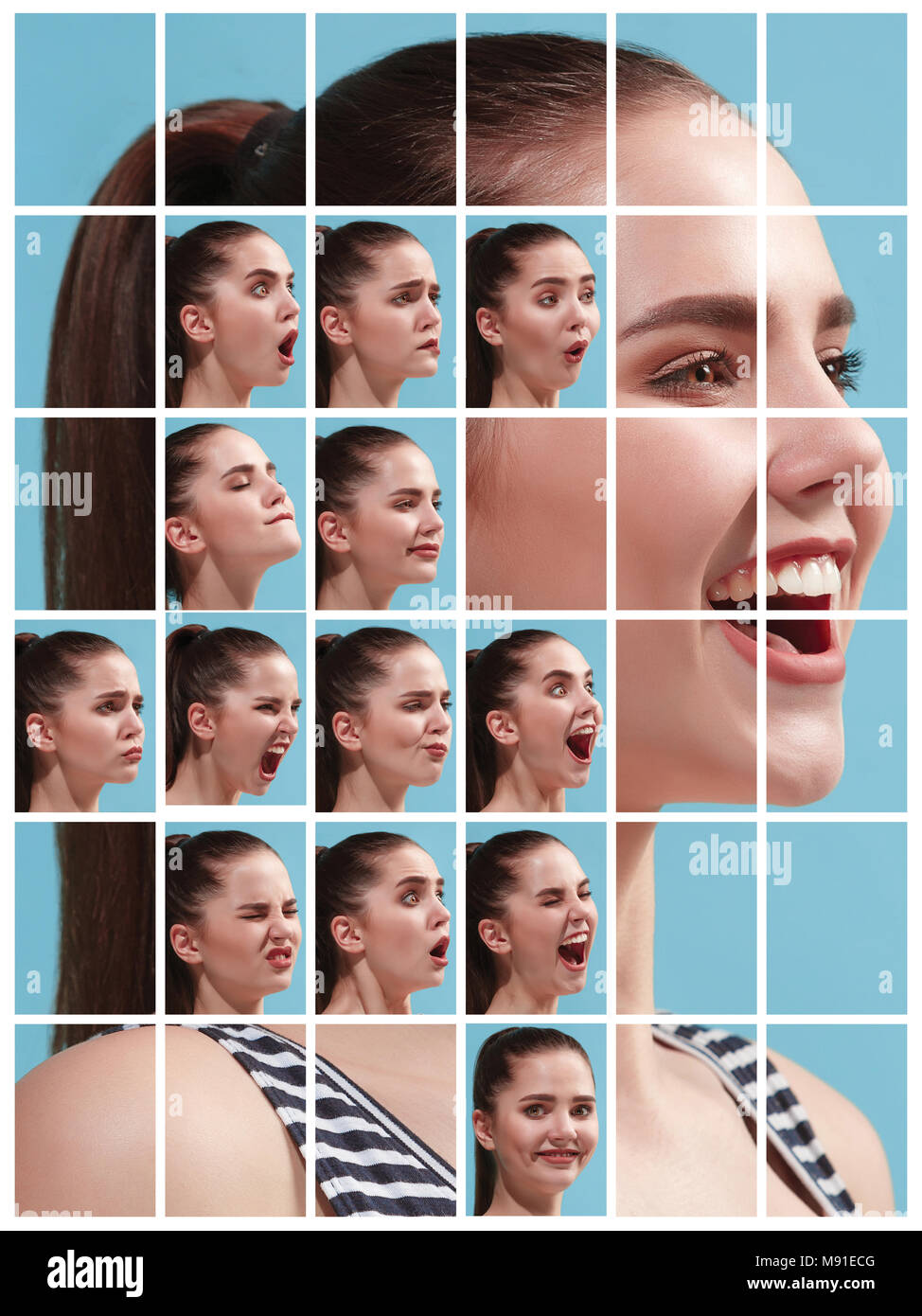 The collage of different human facial expressions, emotions and ...