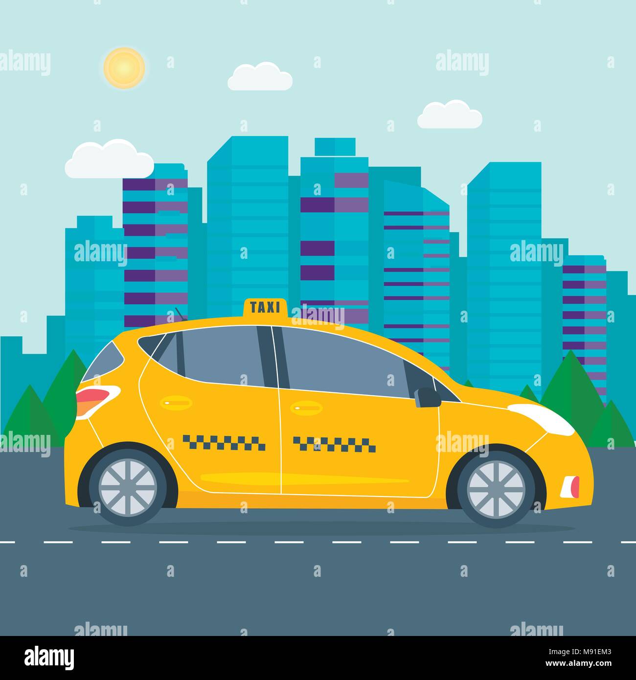 Poster with the machine yellow cab in the city. Public taxi service ...