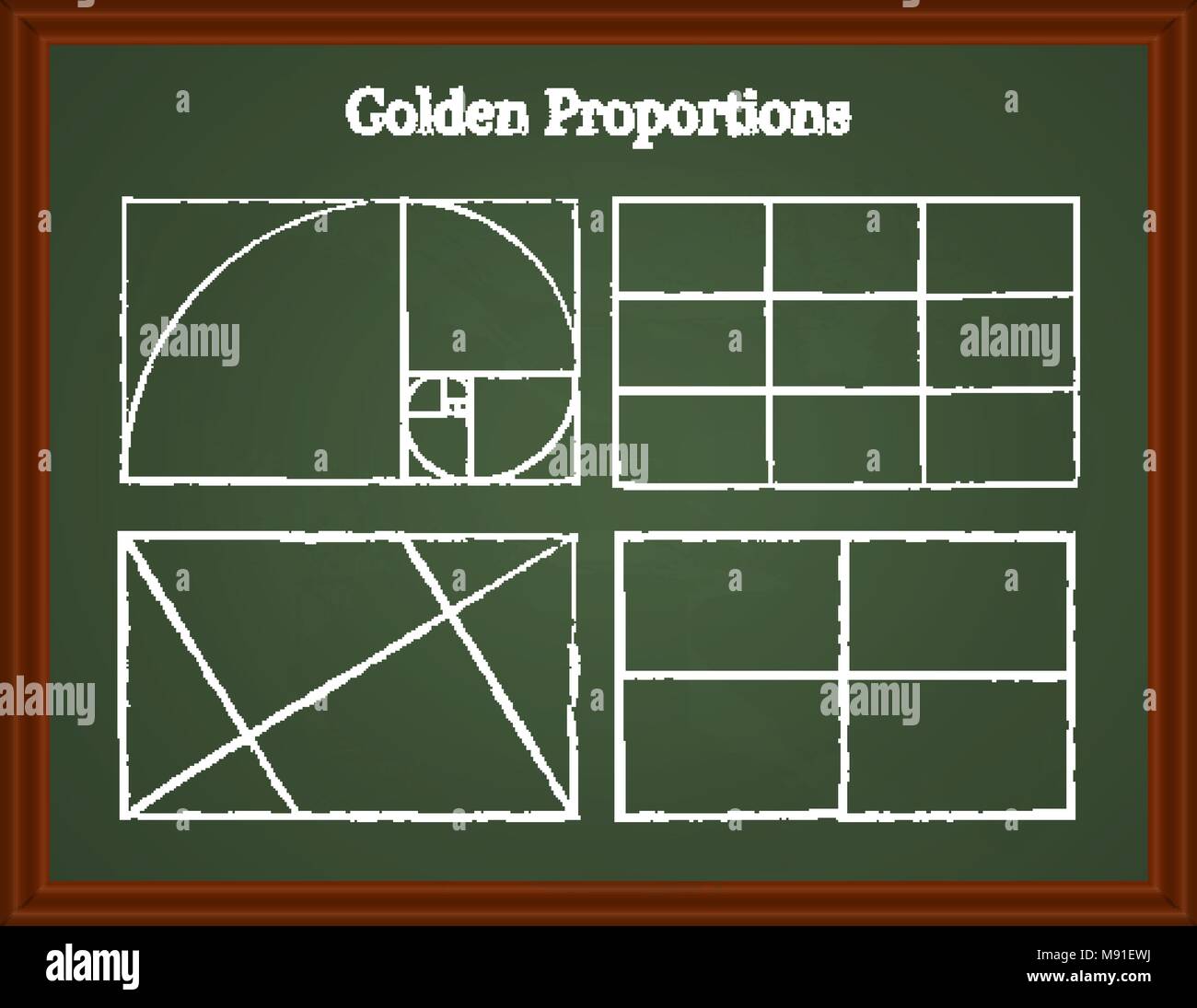 Set of composition proportions on a school-board. Chalk guidelines ...