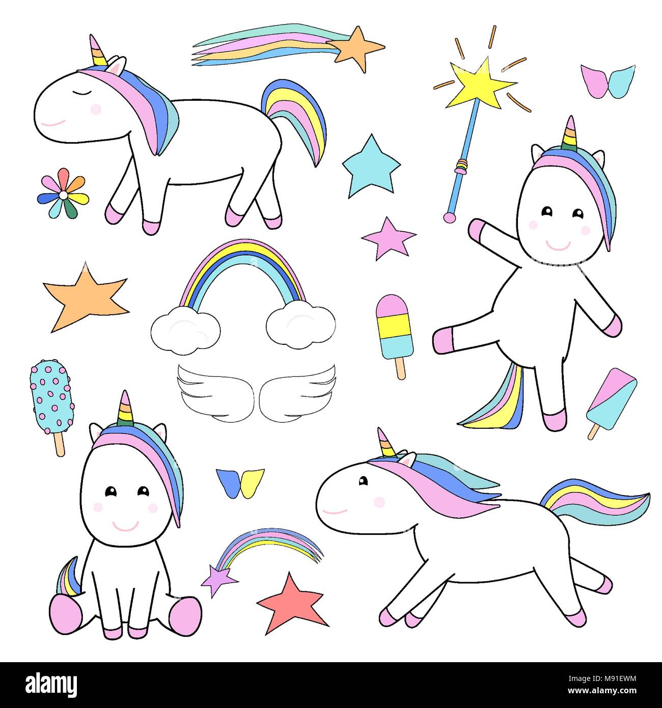 Cute unicorns and magic stuff set. Cartoon fairy tale elements ...