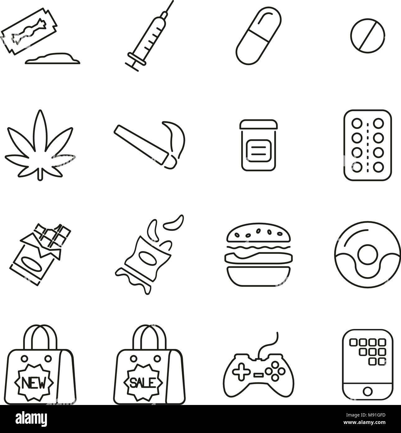Addiction or Addicted to Stuff Icons Thin Line Vector Illustration Set ...