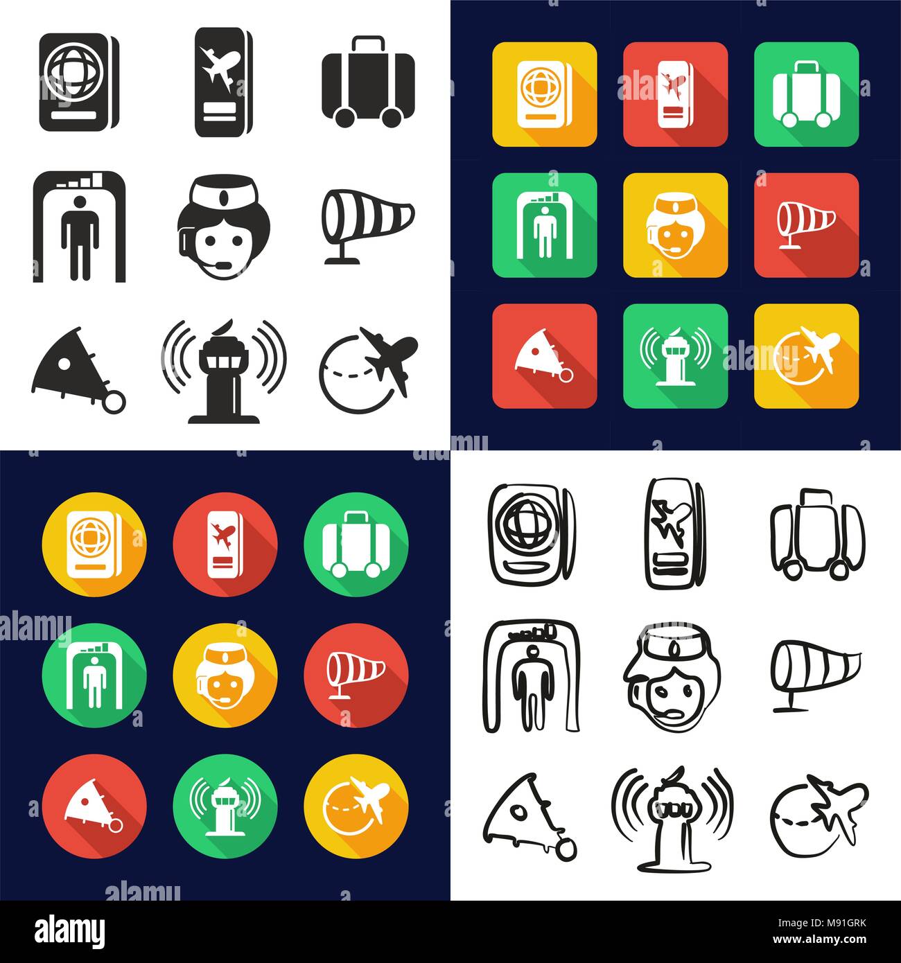 Airport All in One Icons Black & White Color Flat Design Freehand Set Stock Vector Image & Art ...