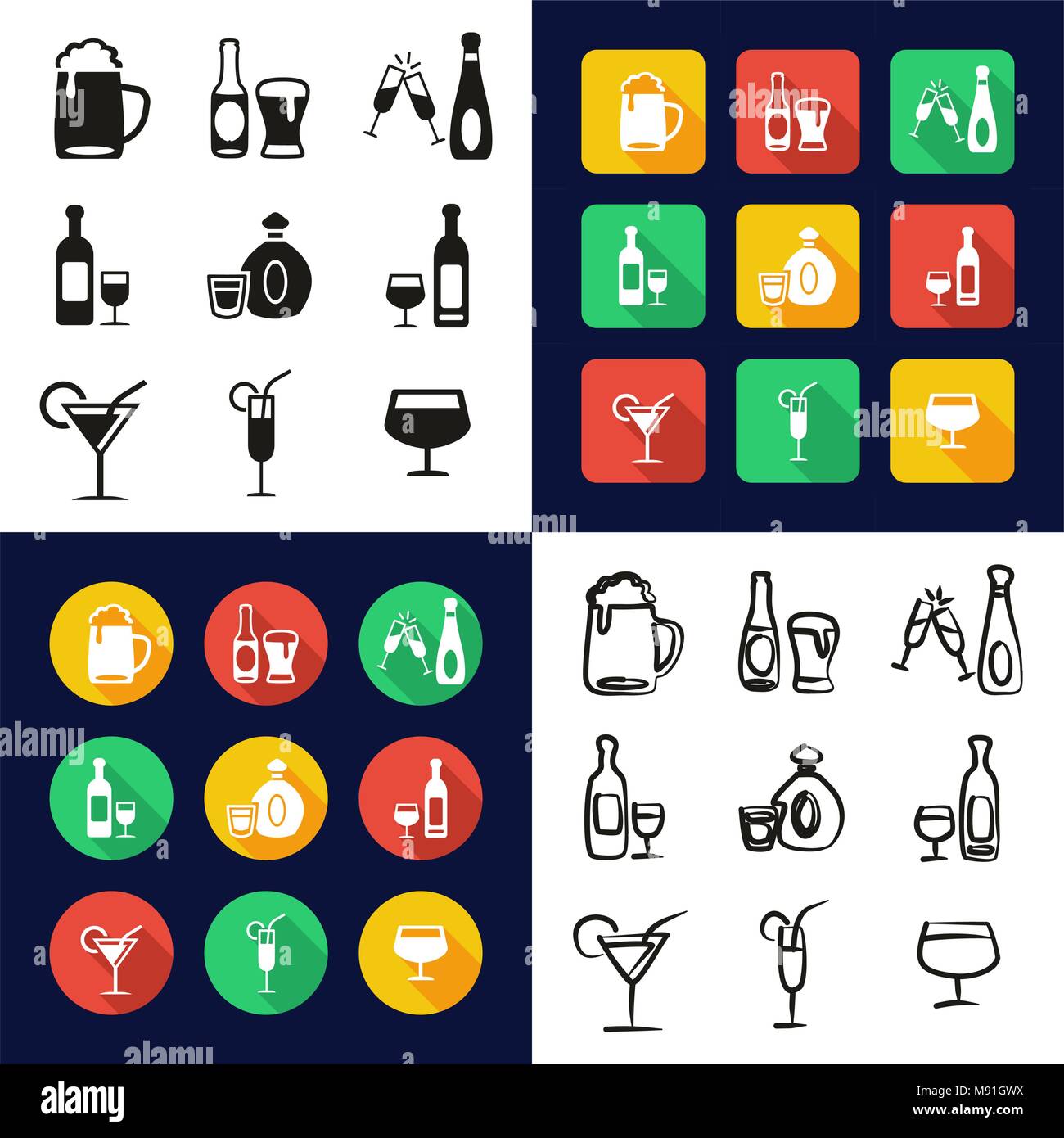 Alcoholic Drinks All in One Icons Black & White Color Flat Design ...