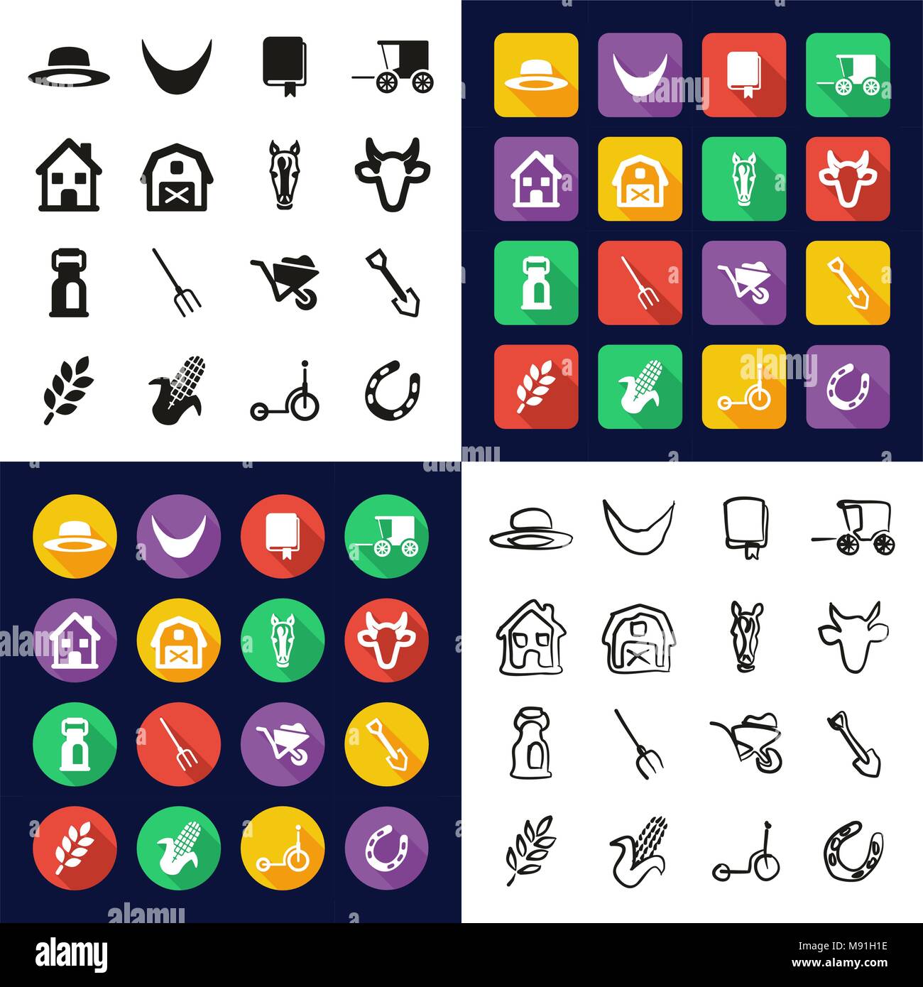 Amish All in One Icons Black & White Color Flat Design Freehand Set ...