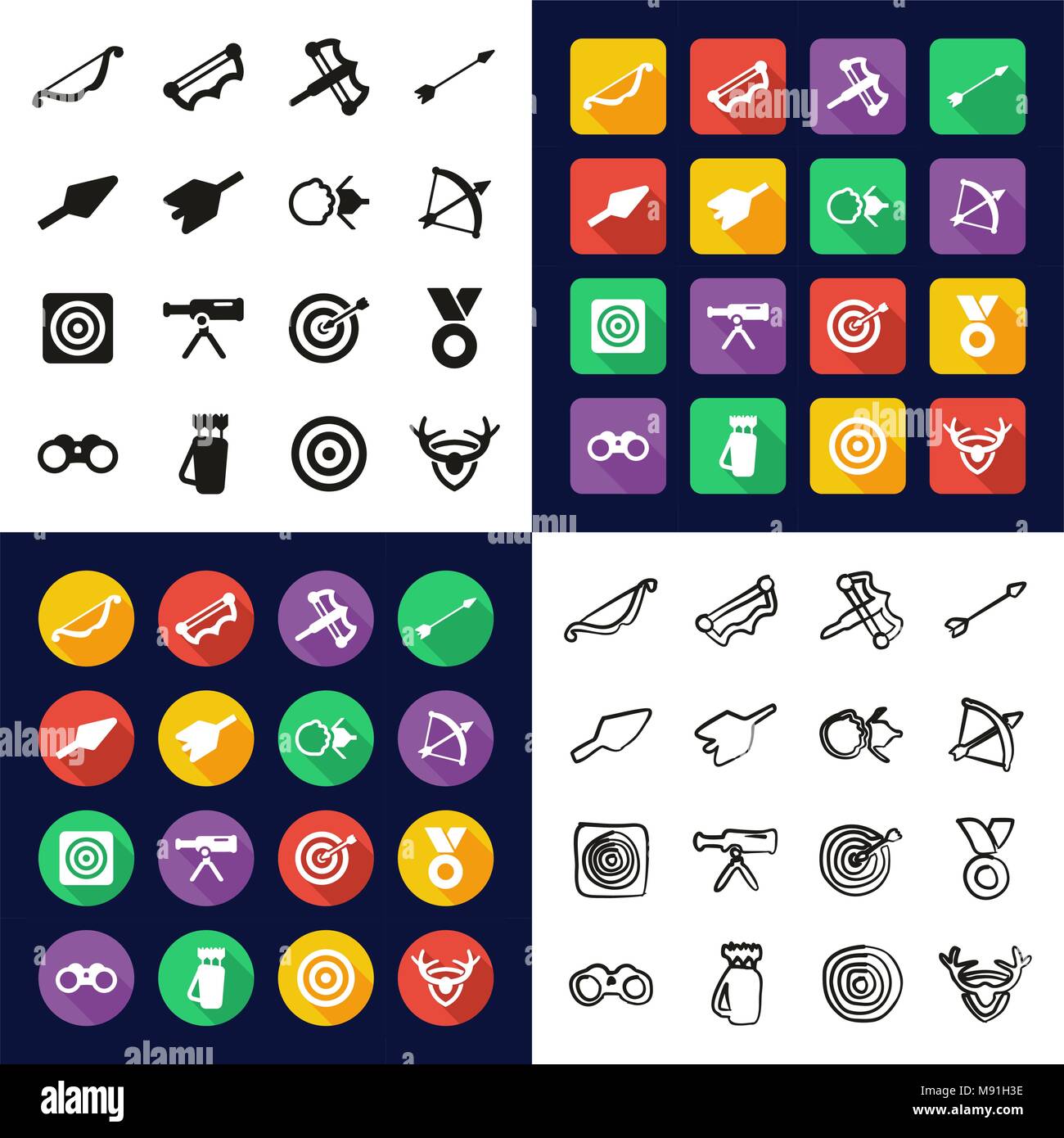 Archery All in One Icons Black & White Color Flat Design Freehand Set ...