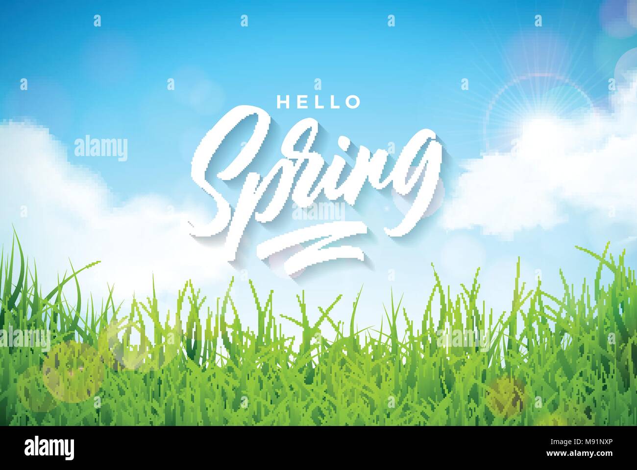 Vector spring illustration with green grass on nature landscape ...