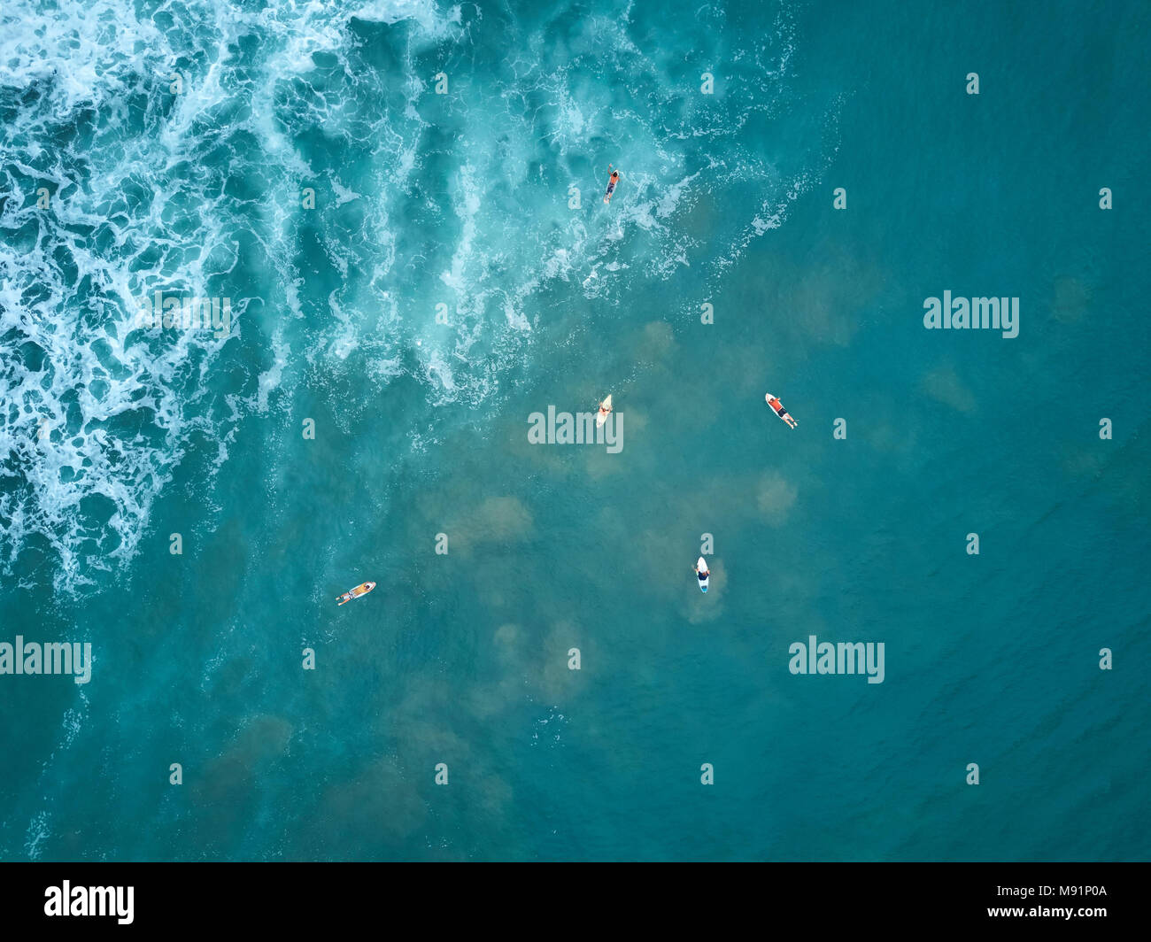 Surfers swim to big wave aerial drone above view. Group of surfers swim ...