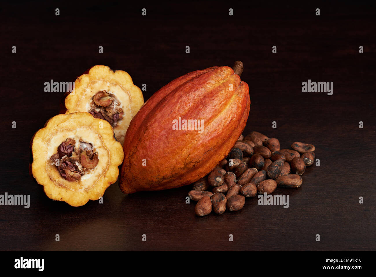 Organic chocolate background. Natural fresh open cacao pods Stock Photo ...