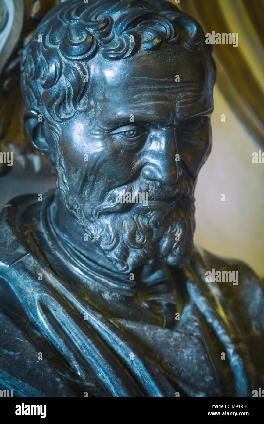 Rome, Italy. Bust of Michelangelo Buonarroti, 1475-1564, after a work ...