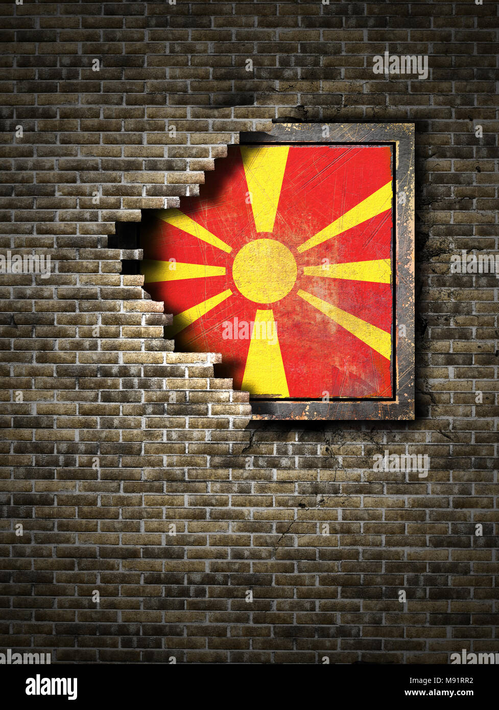 3d rendering of a Macedonia flag over a rusty metallic plate embedded ...