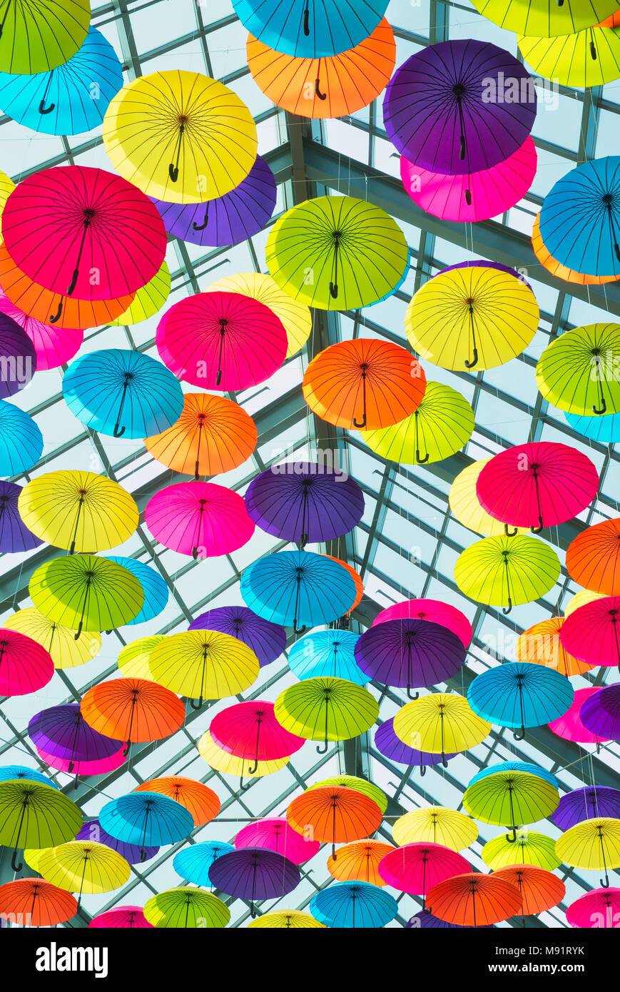 Montreal,Canada,21,March,2018.Display of colorful umbrellas in a ...