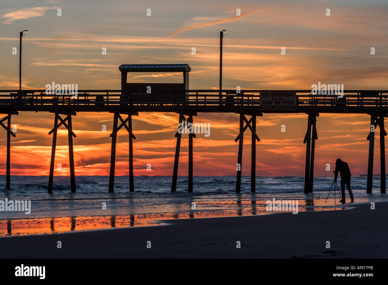 Sunset at the north carolina beach with atlantic beach pier and sunrise ...