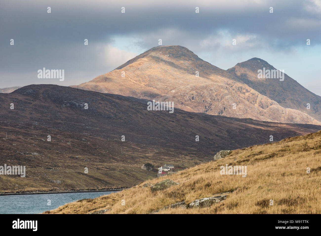 The Clisham hills from Aird Asaig on the Isle of Harris in the Outer ...