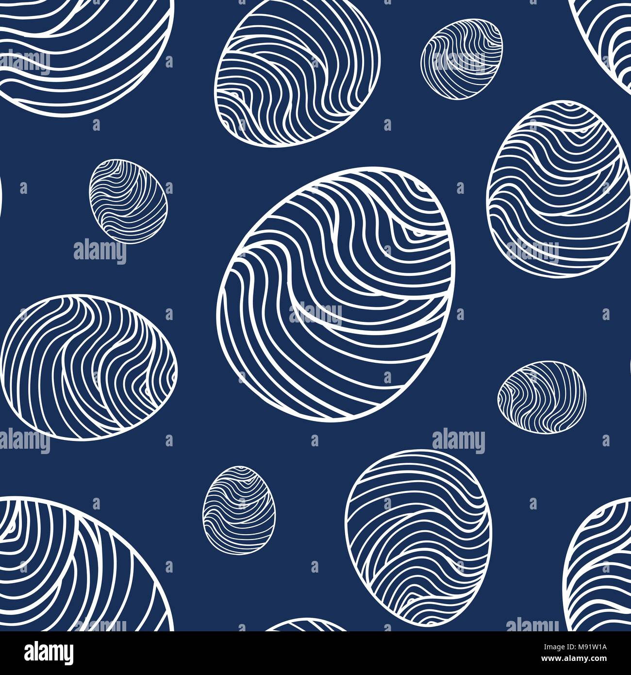 Easter eggs in white outline random on blue background. Cute hand drawn ...