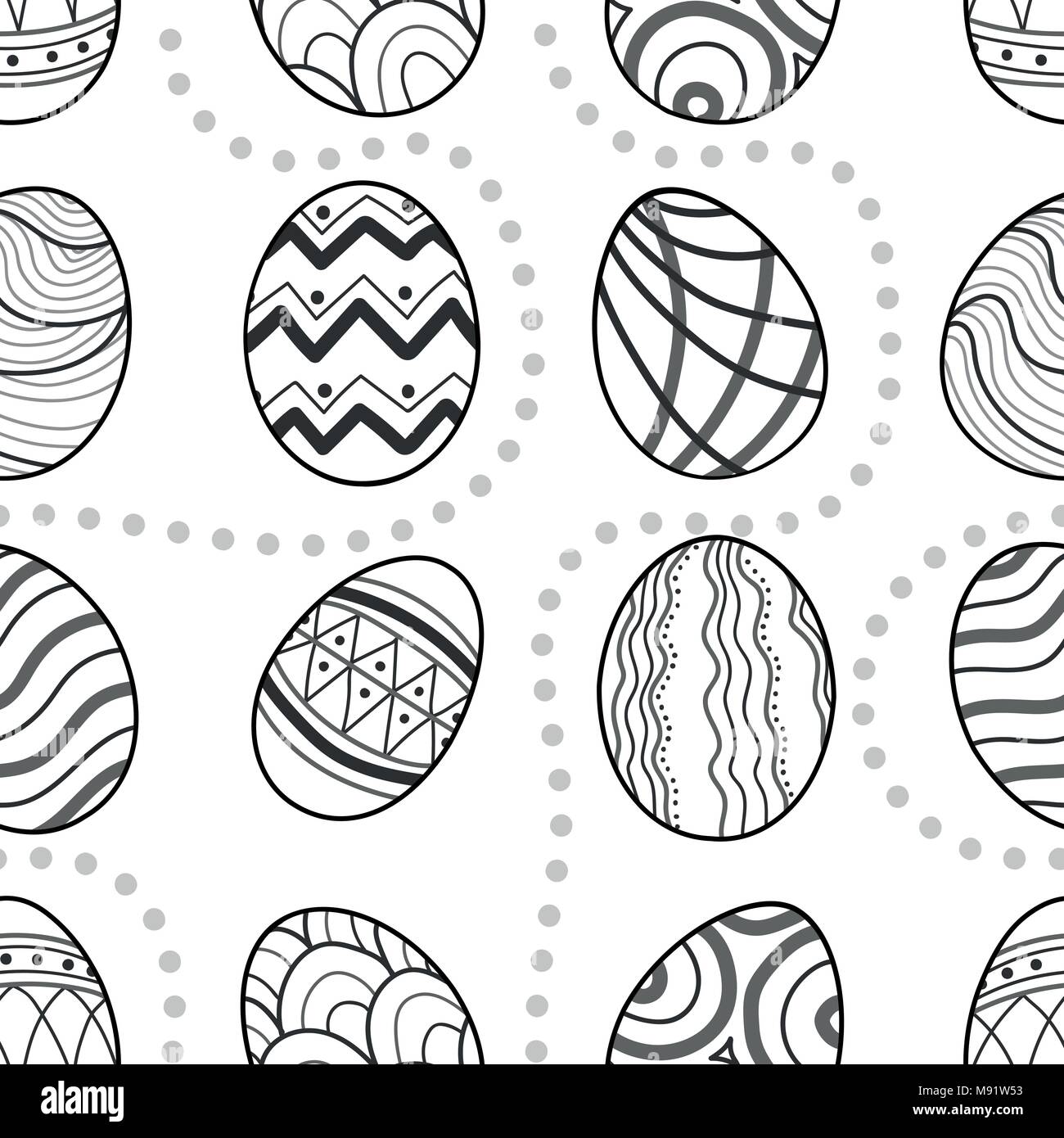 Easter eggs in black outline and dots line up on white background. Cute ...