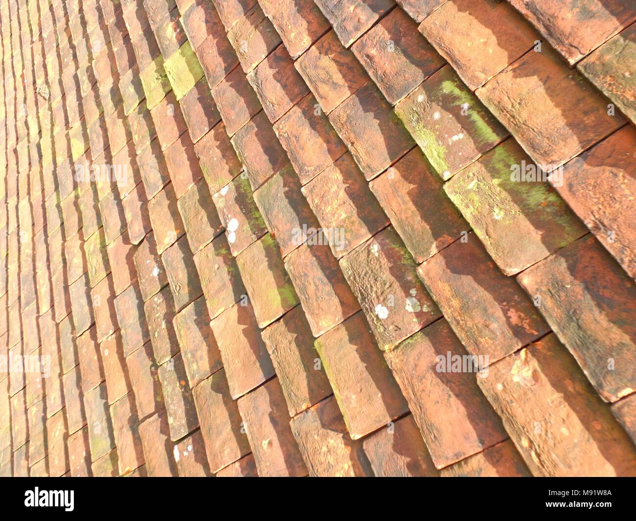 Aerial view of red clay terracotta roof tiles on a old farm building in ...