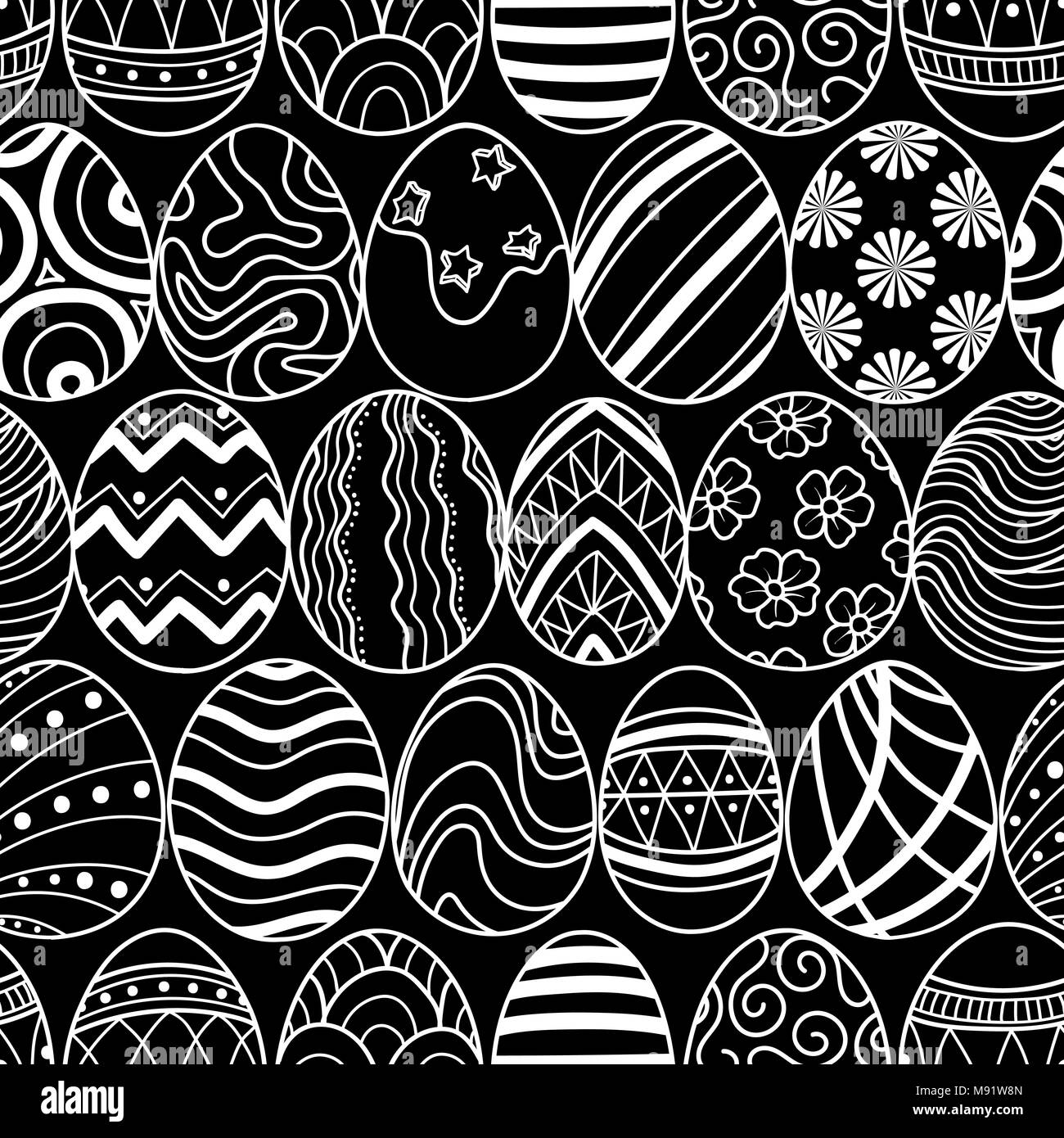 Easter eggs in white outline line up on black ackground. Cute hand ...