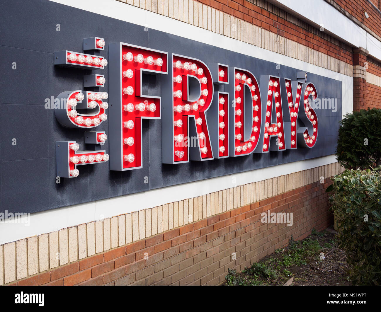 Cardiff, South Wales - March 21, 2018: TGI Fridays exterior and logo ...