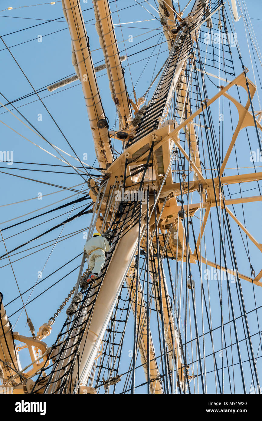 Which line is which; crewman up the mizzen mast ratlines on the Kaiwo ...