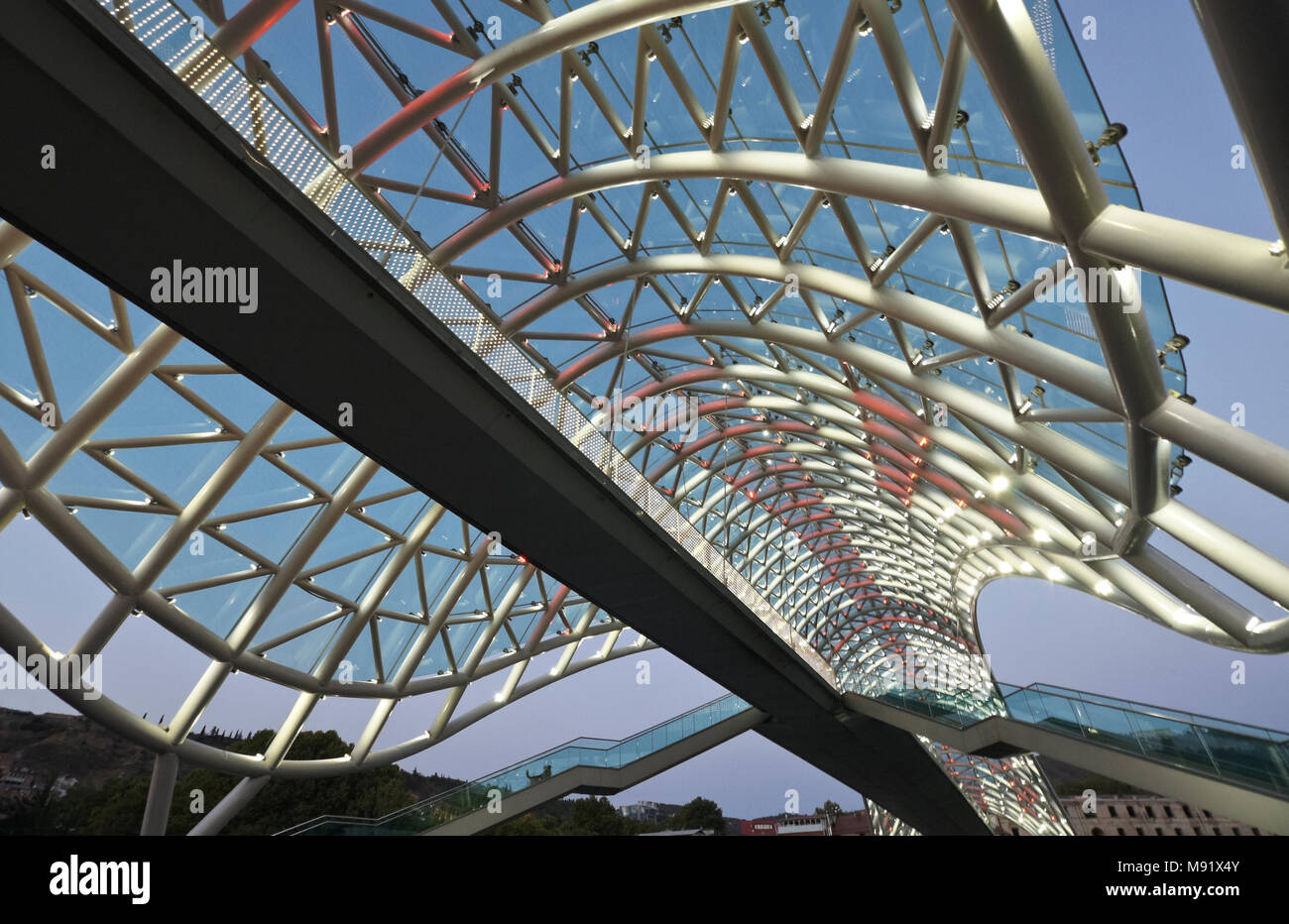 The Peace Bridge across the Mtkvari River, lighted at dawn, Tbilisi ...