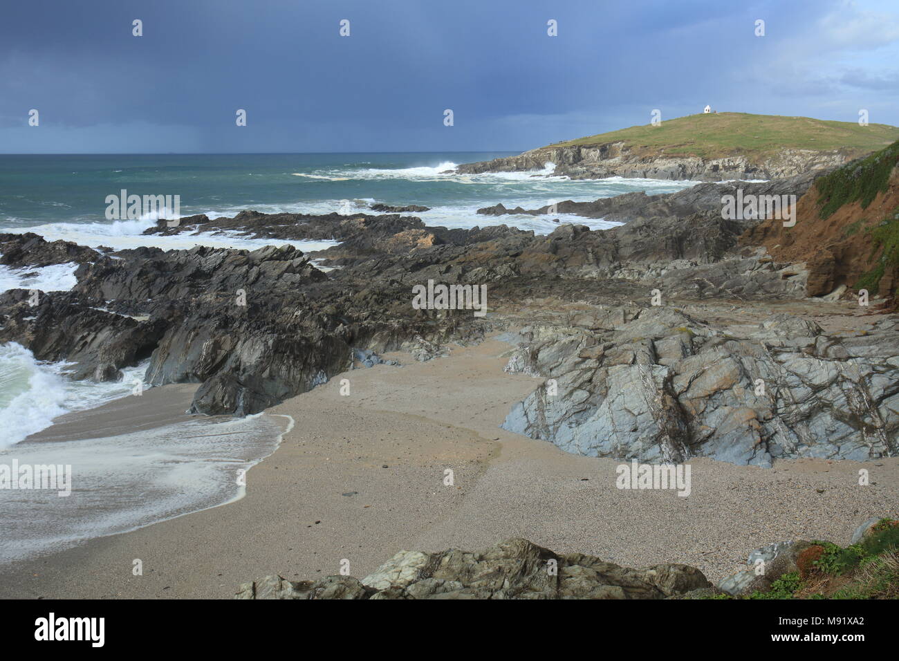 Early spring view across Little Fistral to Towan head, Newquay, North ...