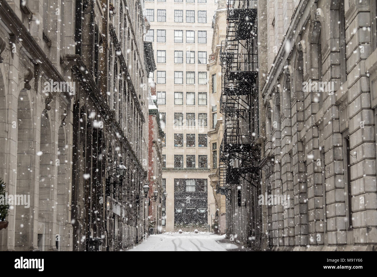 Street Alley of Old-Montreal in winter under a snow storm with a modern ...