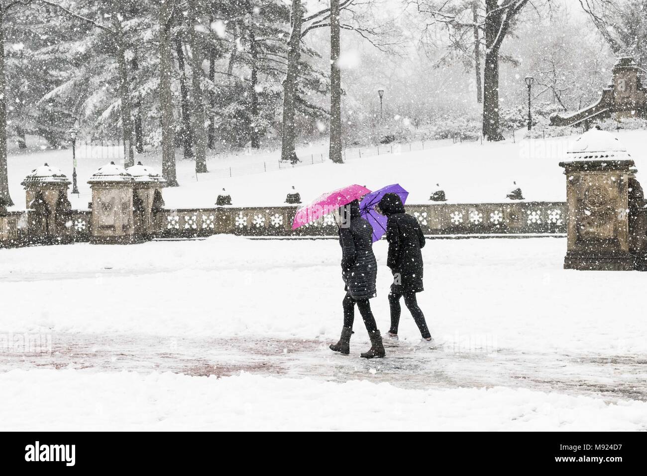 New York, NY, USA. 21st Mar, 2018. Snow storm in the area of Bethesda ...