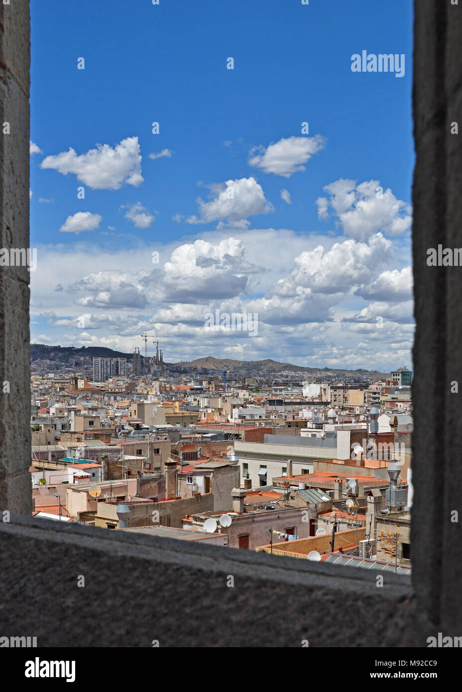 Aerial view of Barcelona, Spain, Catalonia, from the window of the ...