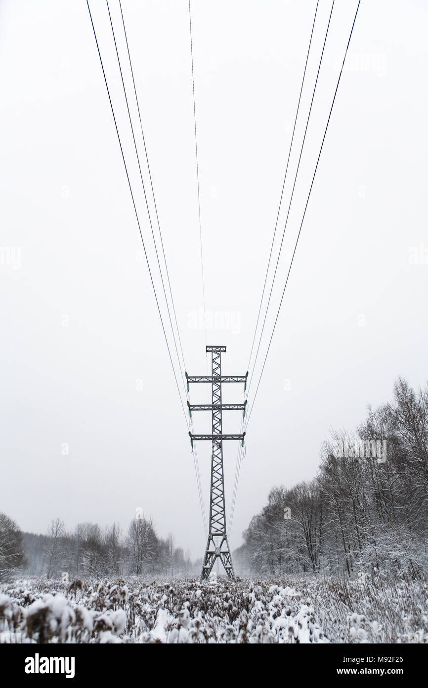 High-voltage power transmission line in Russia in winter. Without ...