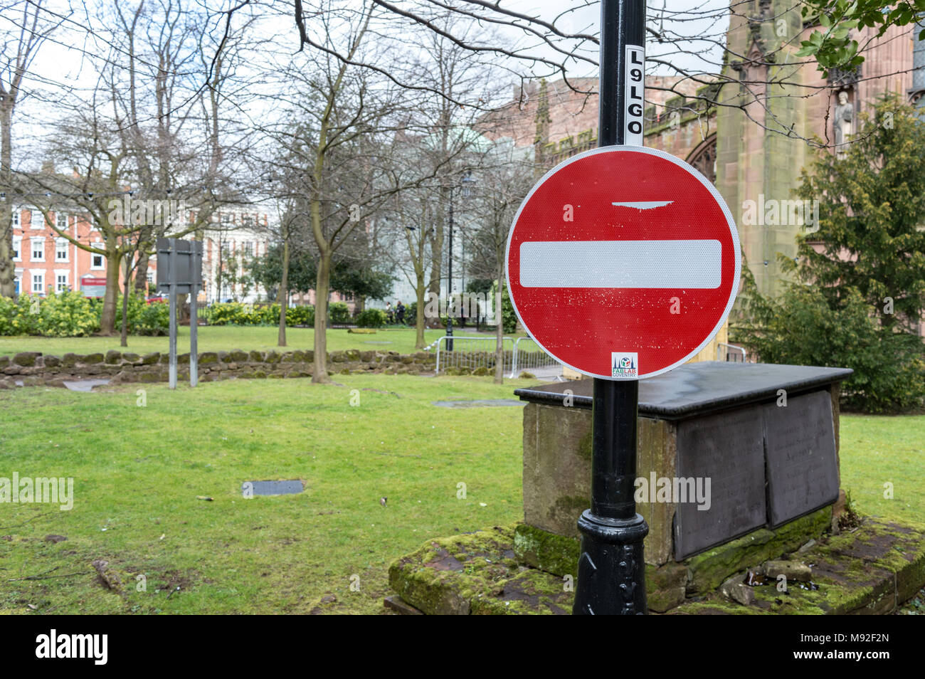 No entry sign within the burial grounds of the old Coventry Cathedral ...