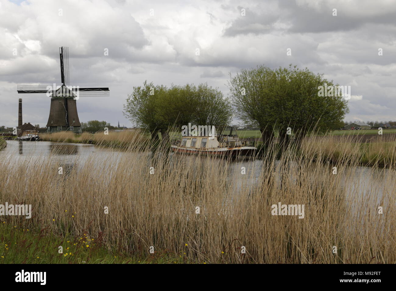 typical dutch landscape with a windmill along a canal Stock Photo - Alamy