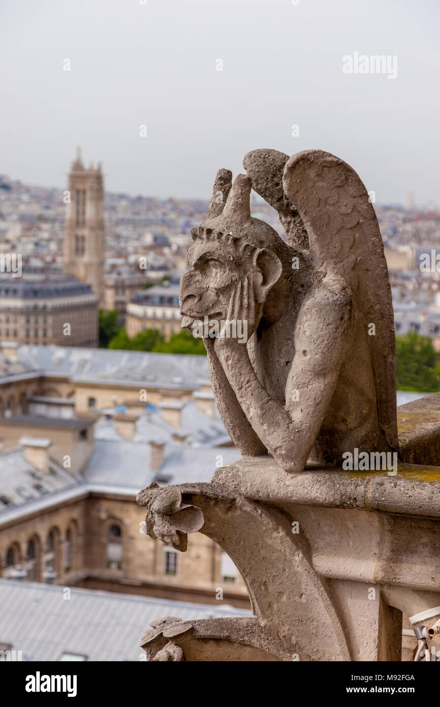 Gargoyle overlooking city of Paris from Cathedral Notre Dame tower, Paris, Ile-de-France, France ...