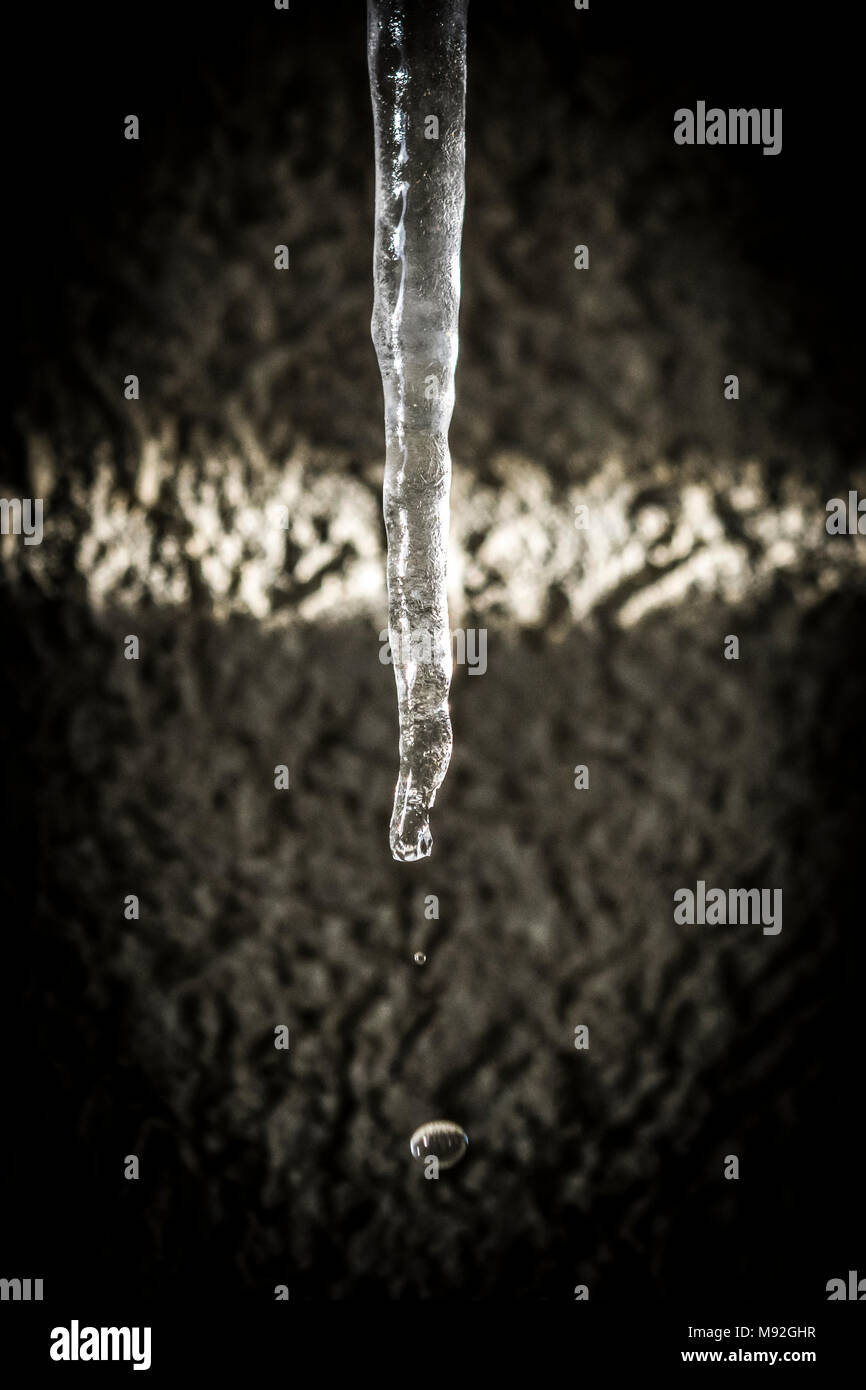 Melting icicle at the sunny winter morning. Large melting icicle on a ...