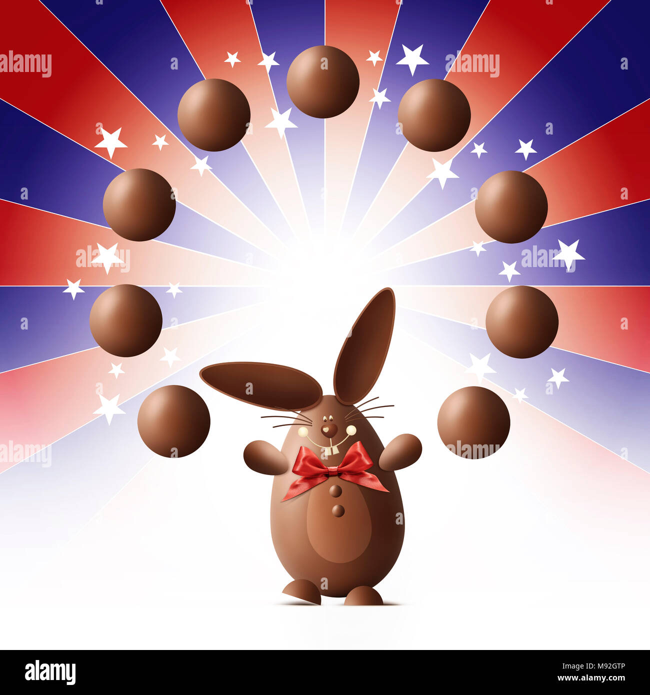 juggler chocolate easter bunny with eggs and red ribbon bow isolated on ...